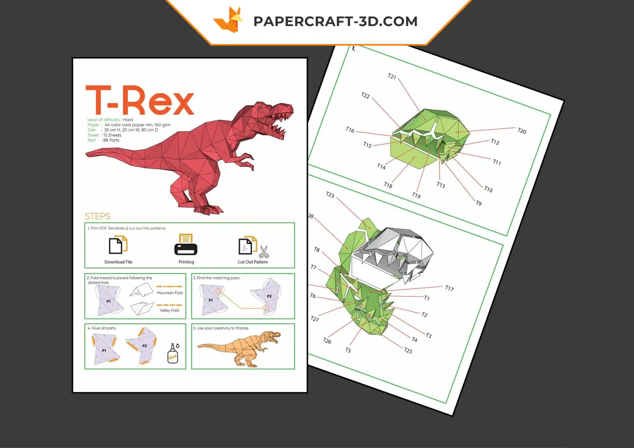 Papercraft Dinosaur T-REX and Triceratops in 3D Origami