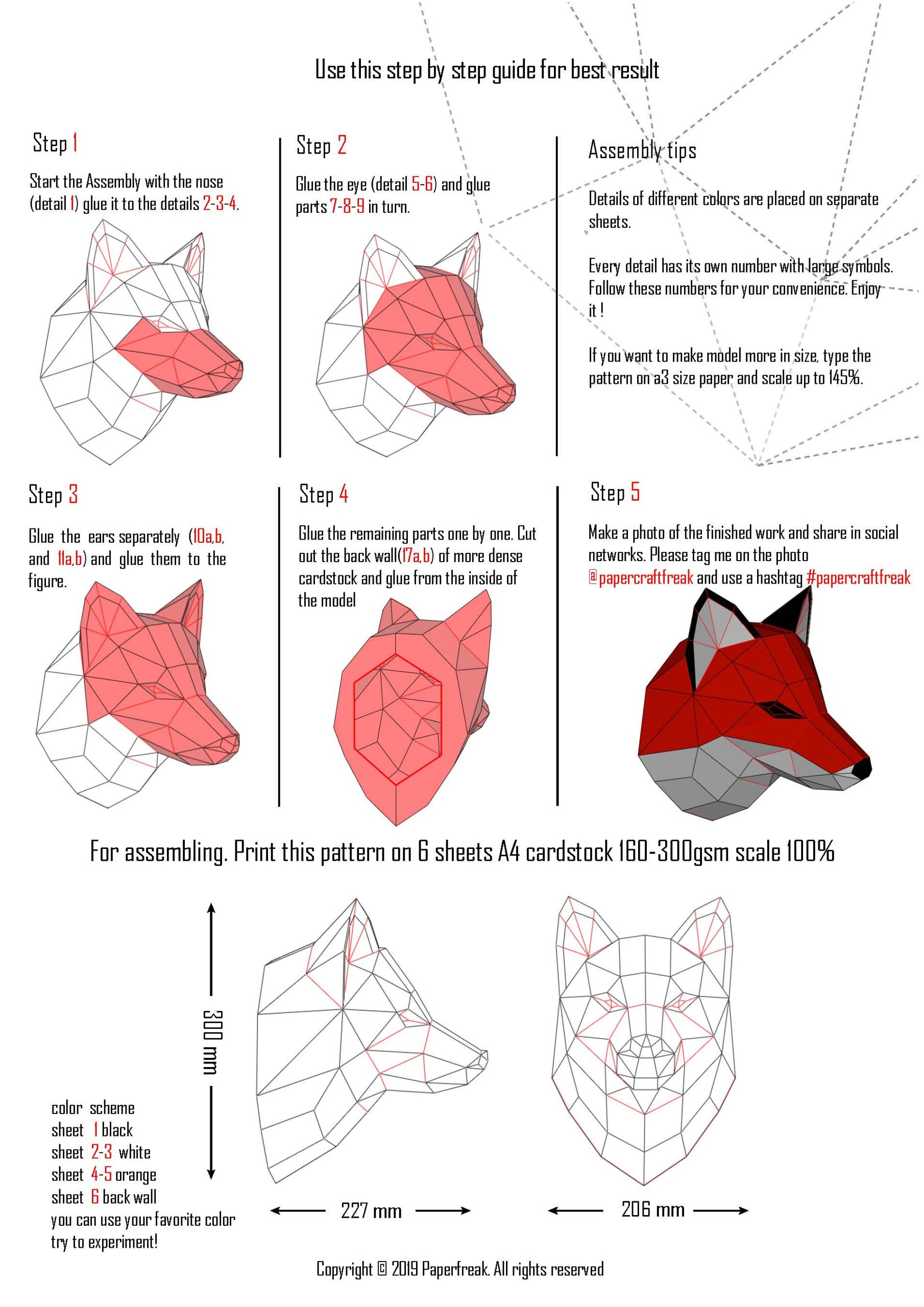 3D paper fox trophy - Wall decor origami kit