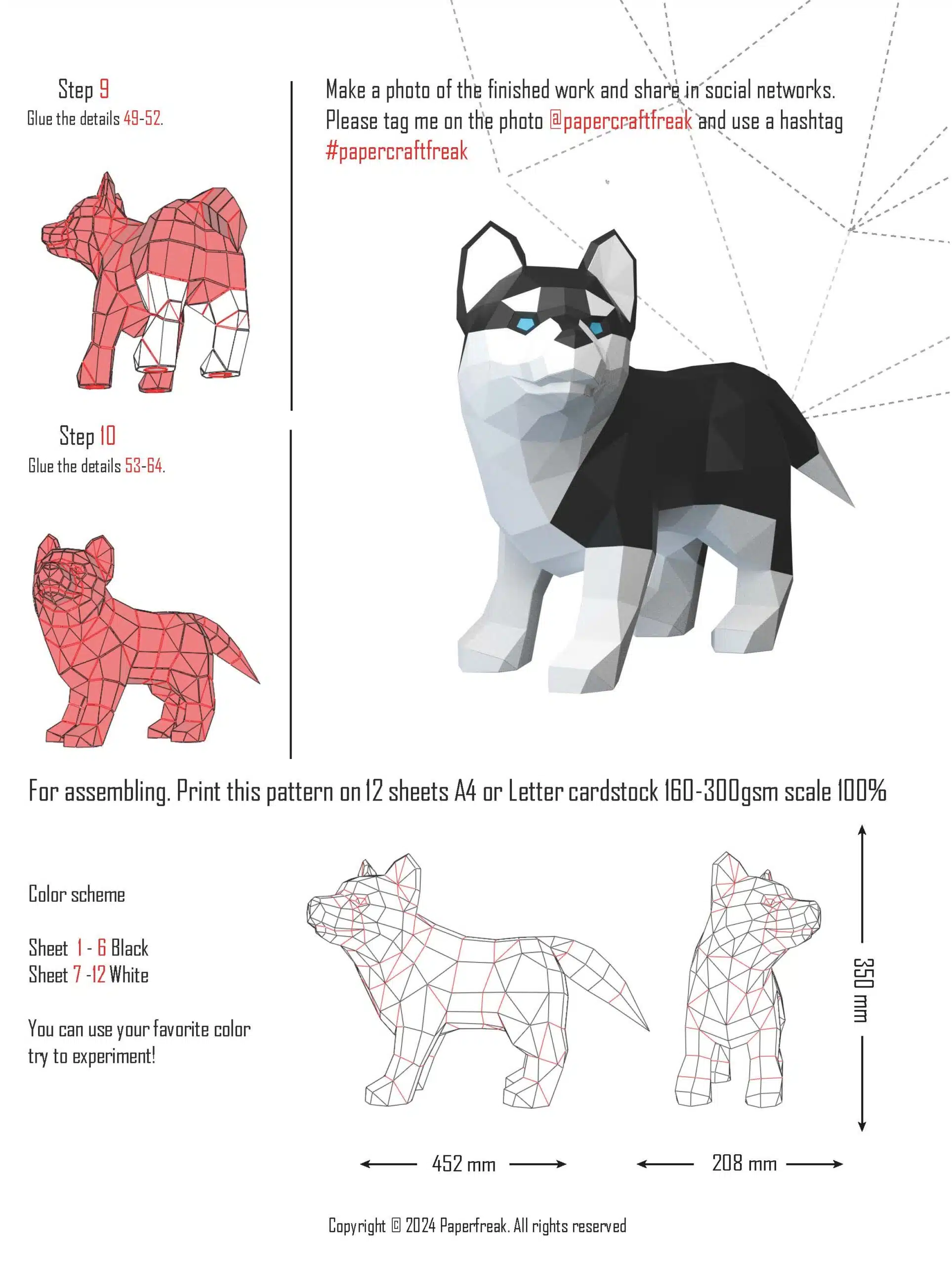 Papercraft 3D cachorro husky en origami de papel - DIY creativo