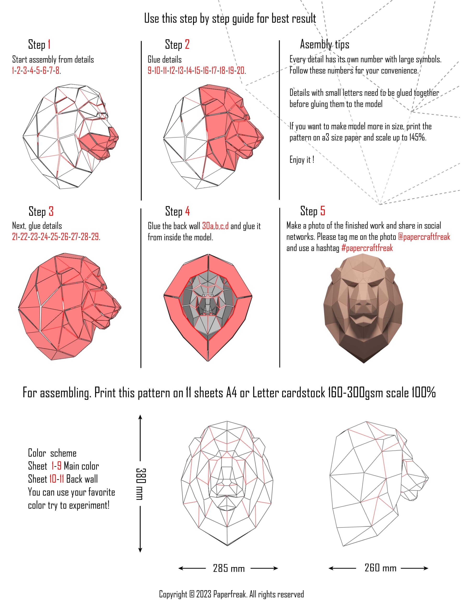 3D paper lion head papercraft - Wall trophy origami