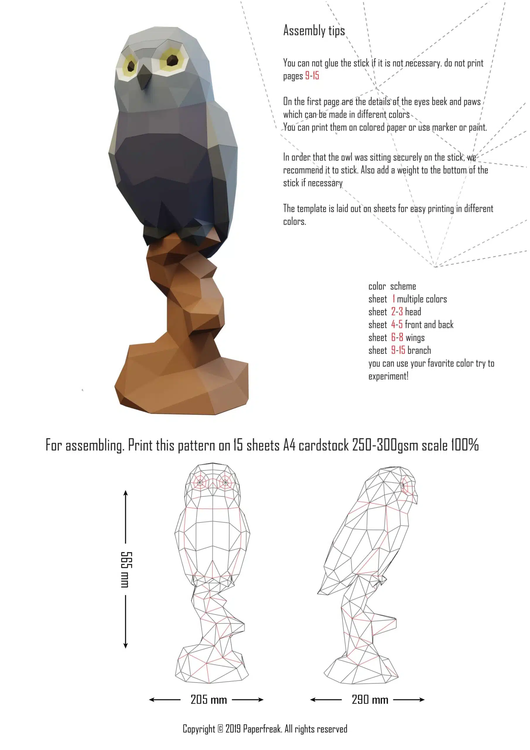 3D owl papercraft on branch - Paper sculpture