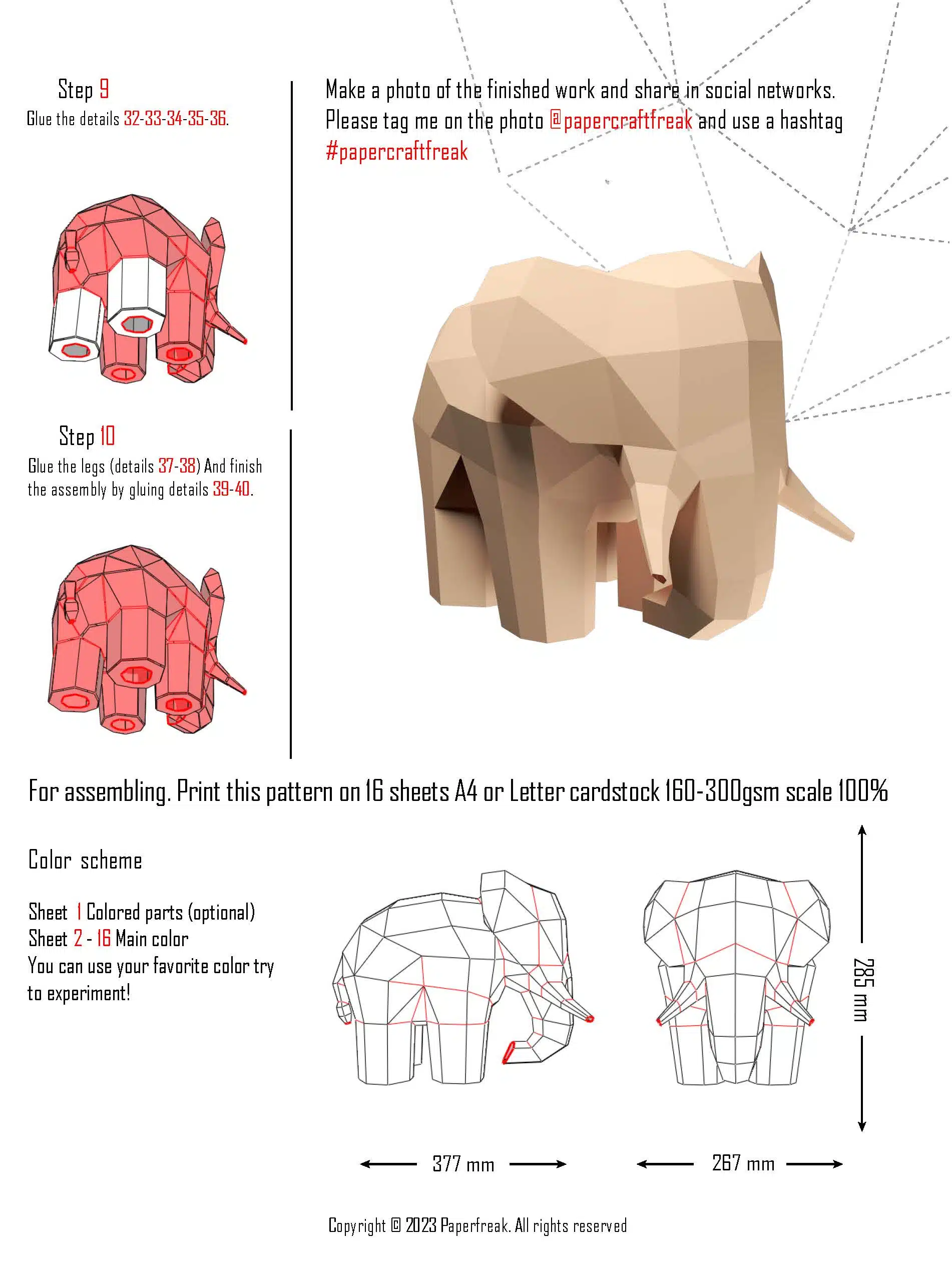 3D origami elephant - DIY papercraft wall decor