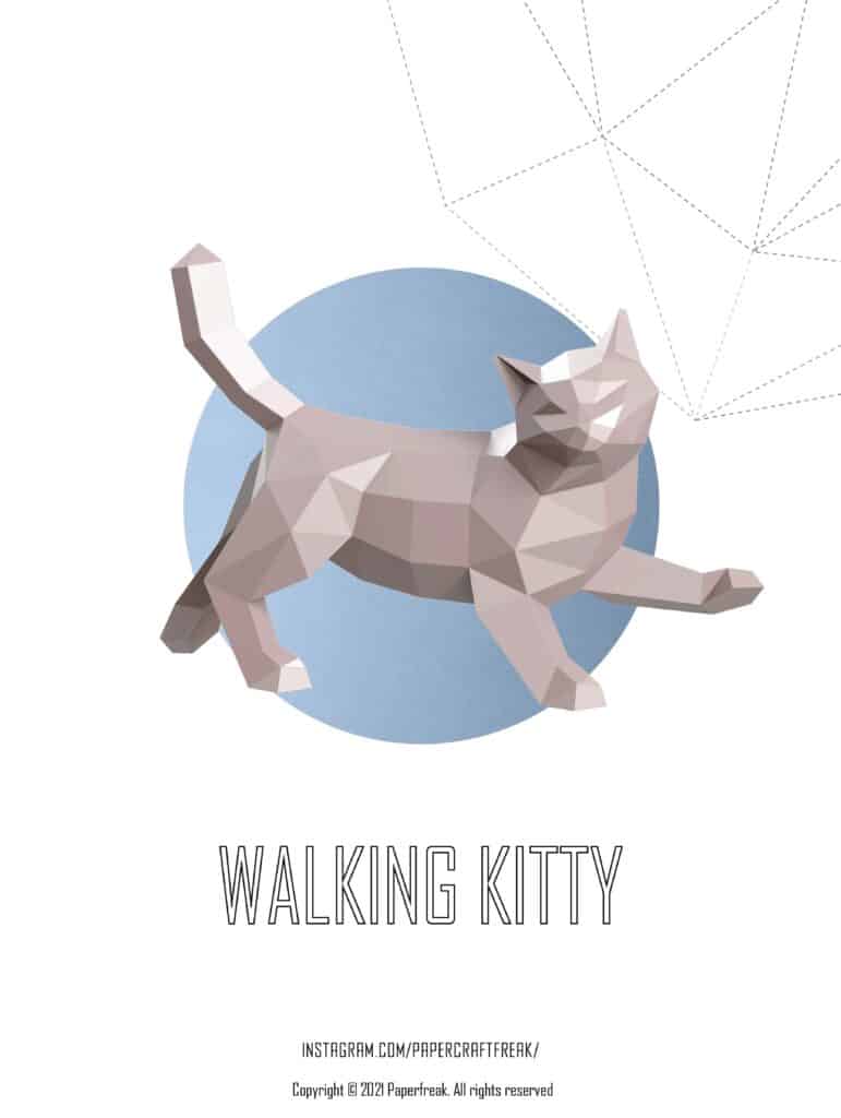 3D papercraft walking cat - cute DIY low poly sculpture