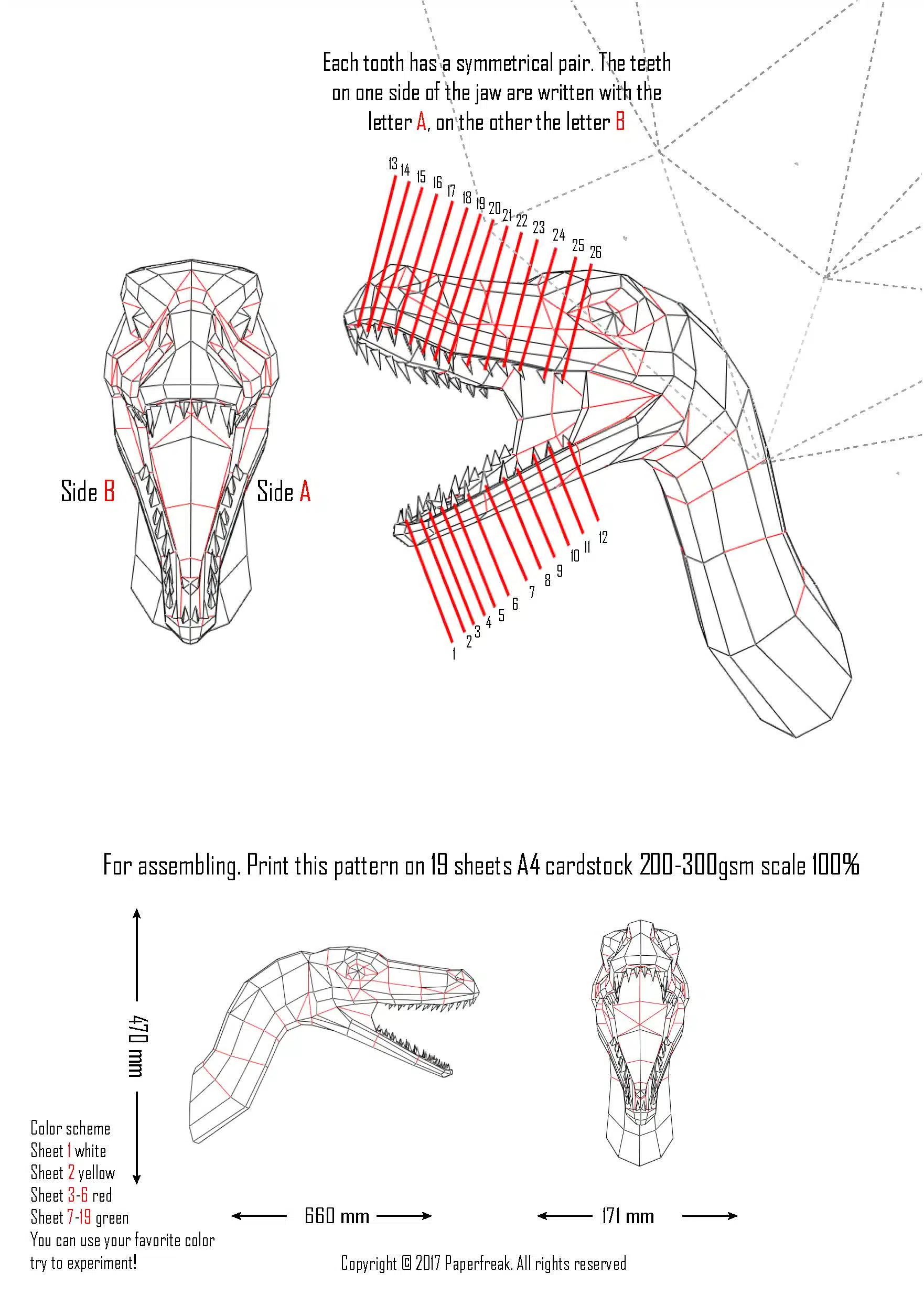 Tête de raptor Jurassic en papercraft 3D low poly